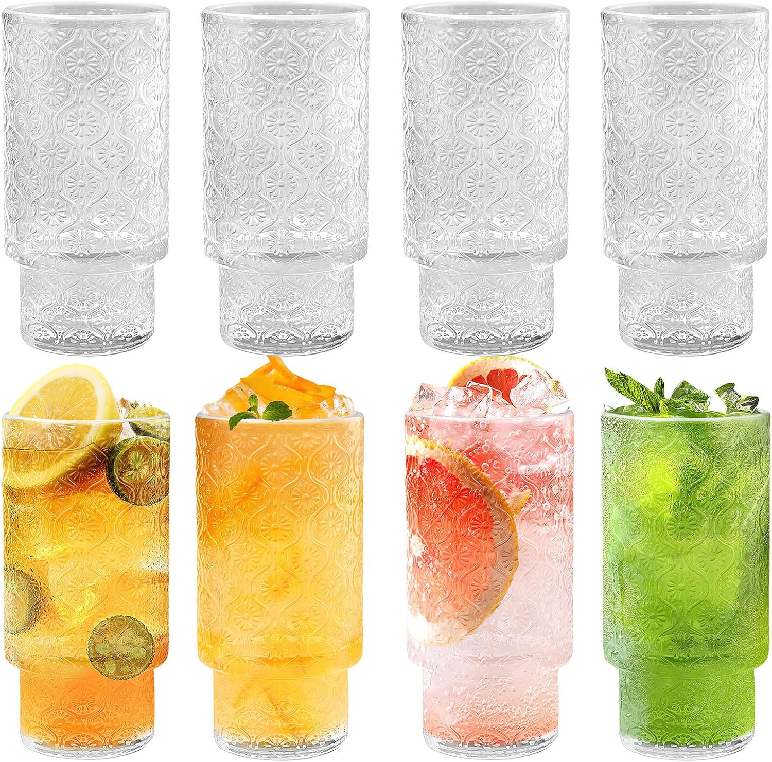 Vintage Glassware Set of 8, 12oz Stackable Glass Cups, Embossed Pattern ...
