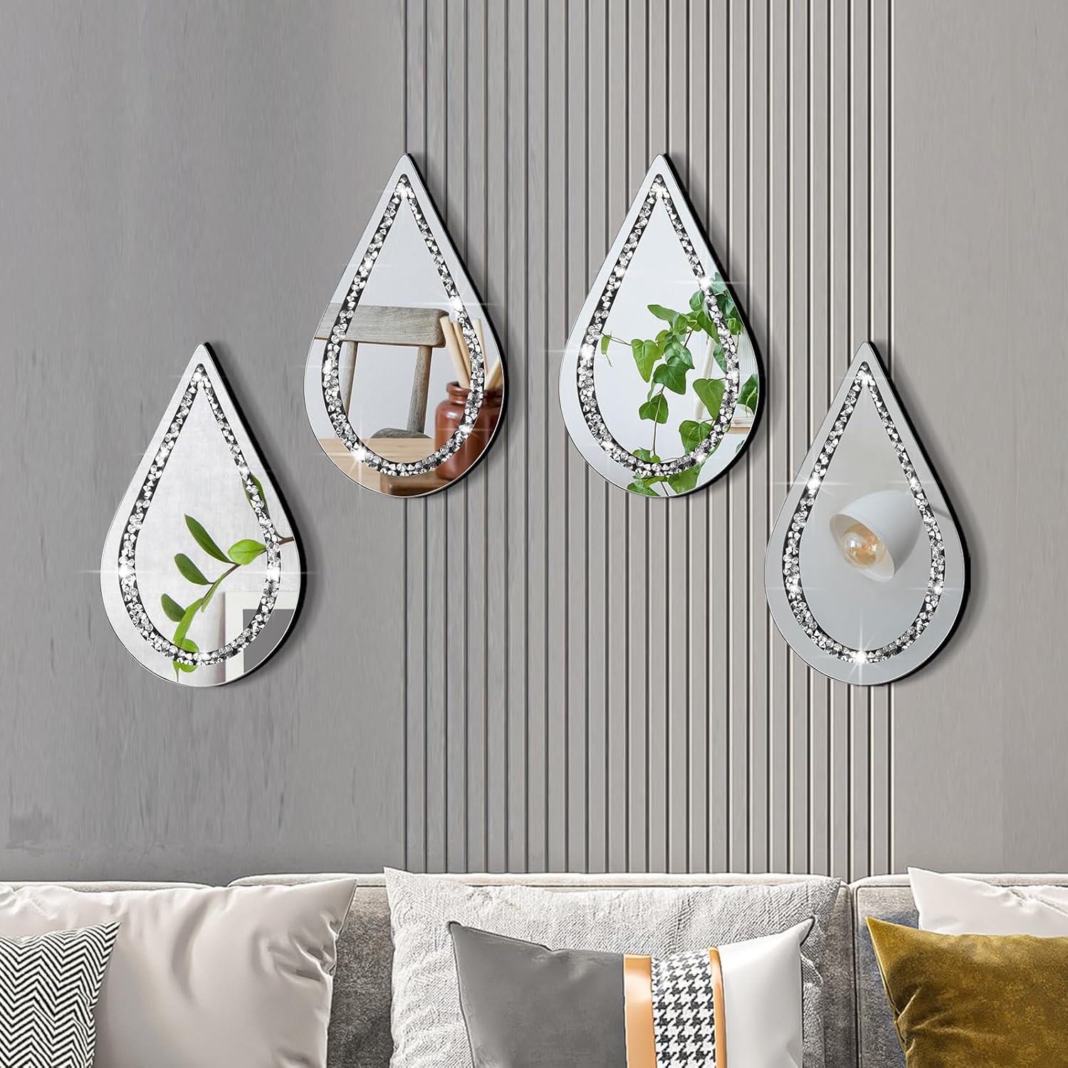Yookeer 4 Pcs Tear Drop Mirror Wall Decor Silver Diamond Mirrors 11.8 x 6.7 Inches Wall Hang ...