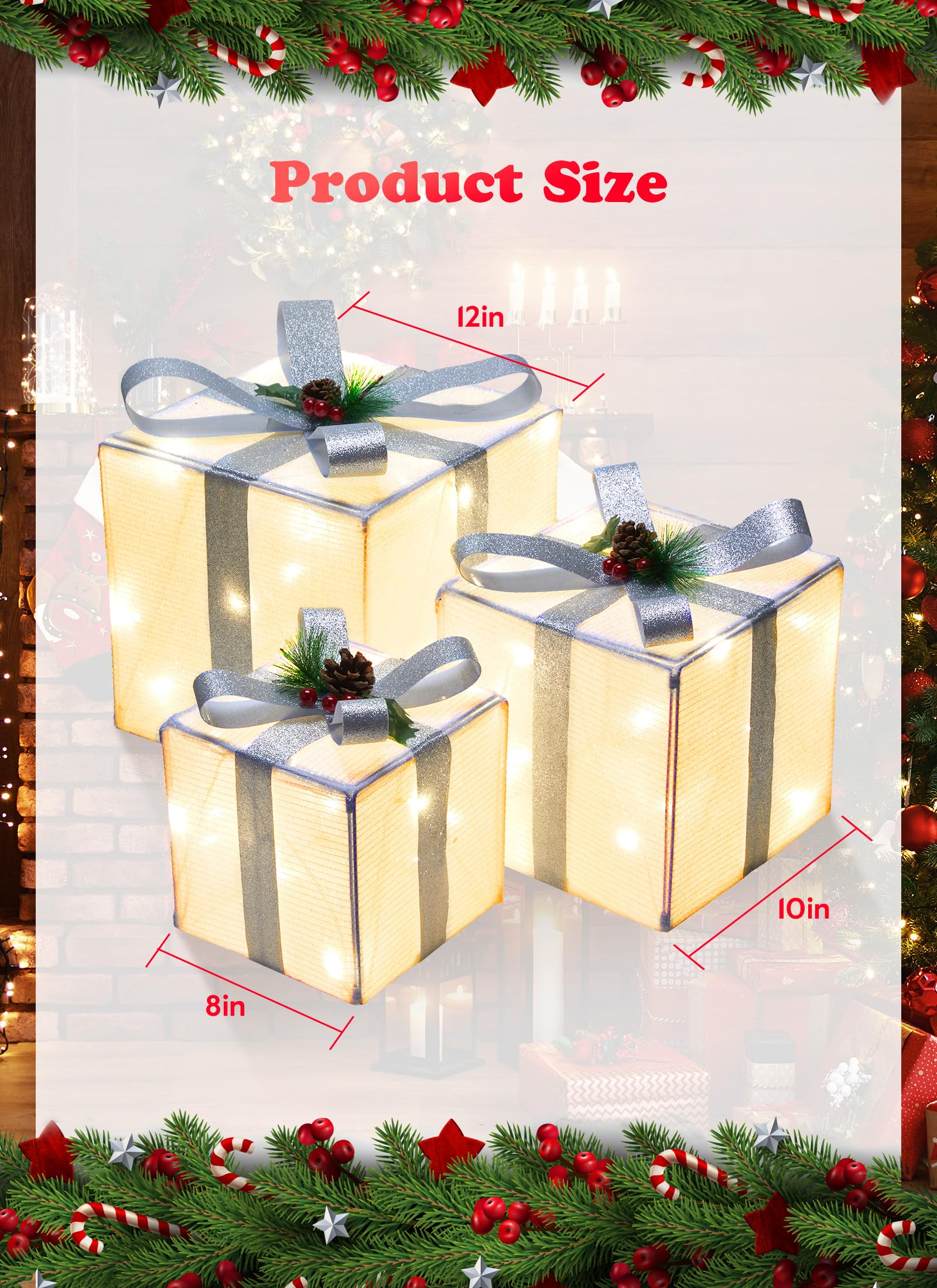 3 Pieces Lighted Gift Boxes Christmas Decoration, 12in 10in 8in Light ...