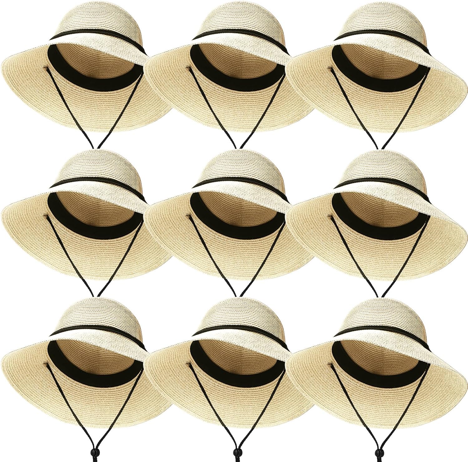 Leumoi 9 Pcs Straw Sun Hats for Women with Wind Lanyard Wide Brim ...