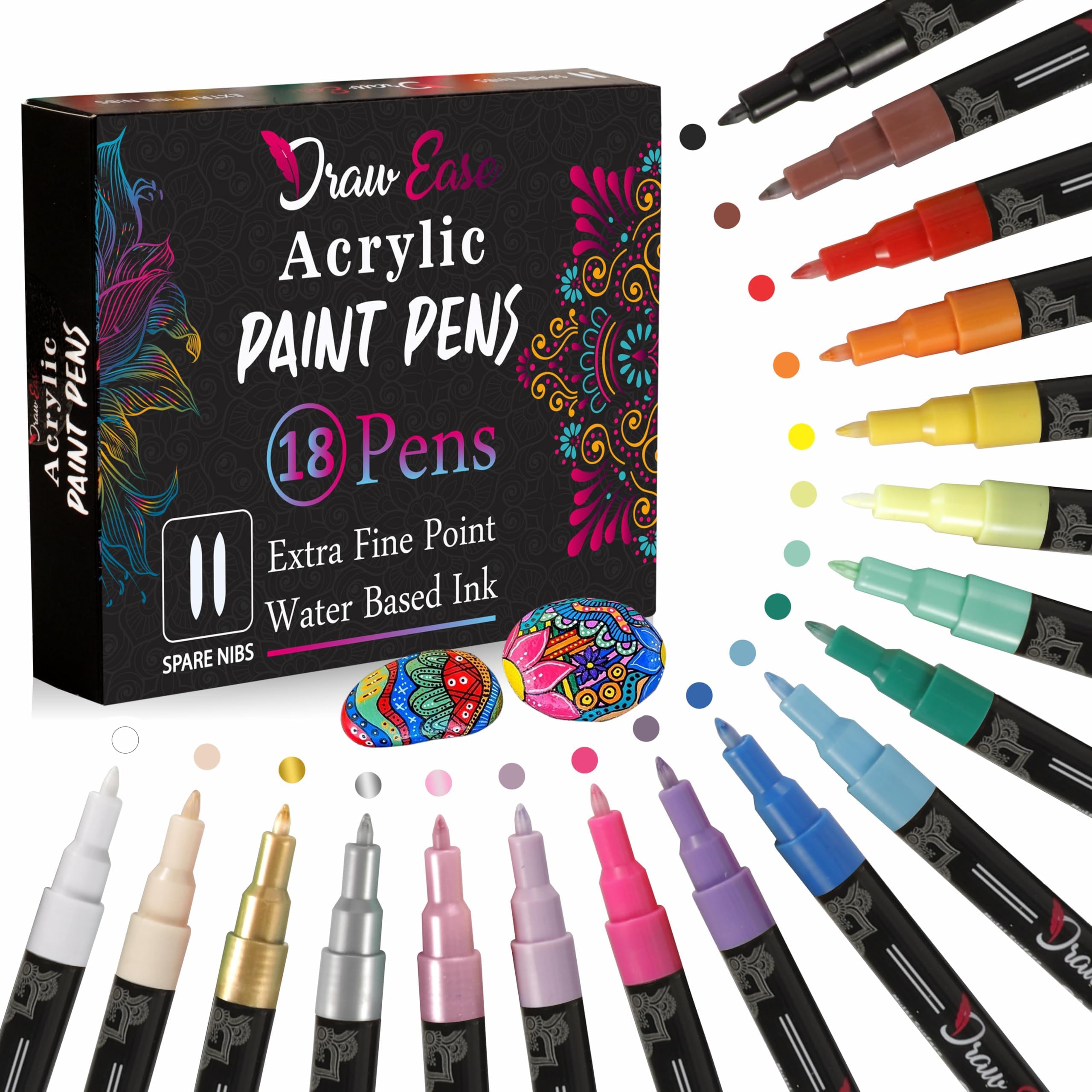 Draw Ease Acrylic Paint Pens Set of 18 Colors, 0.7mm Tip Glass Pens ...