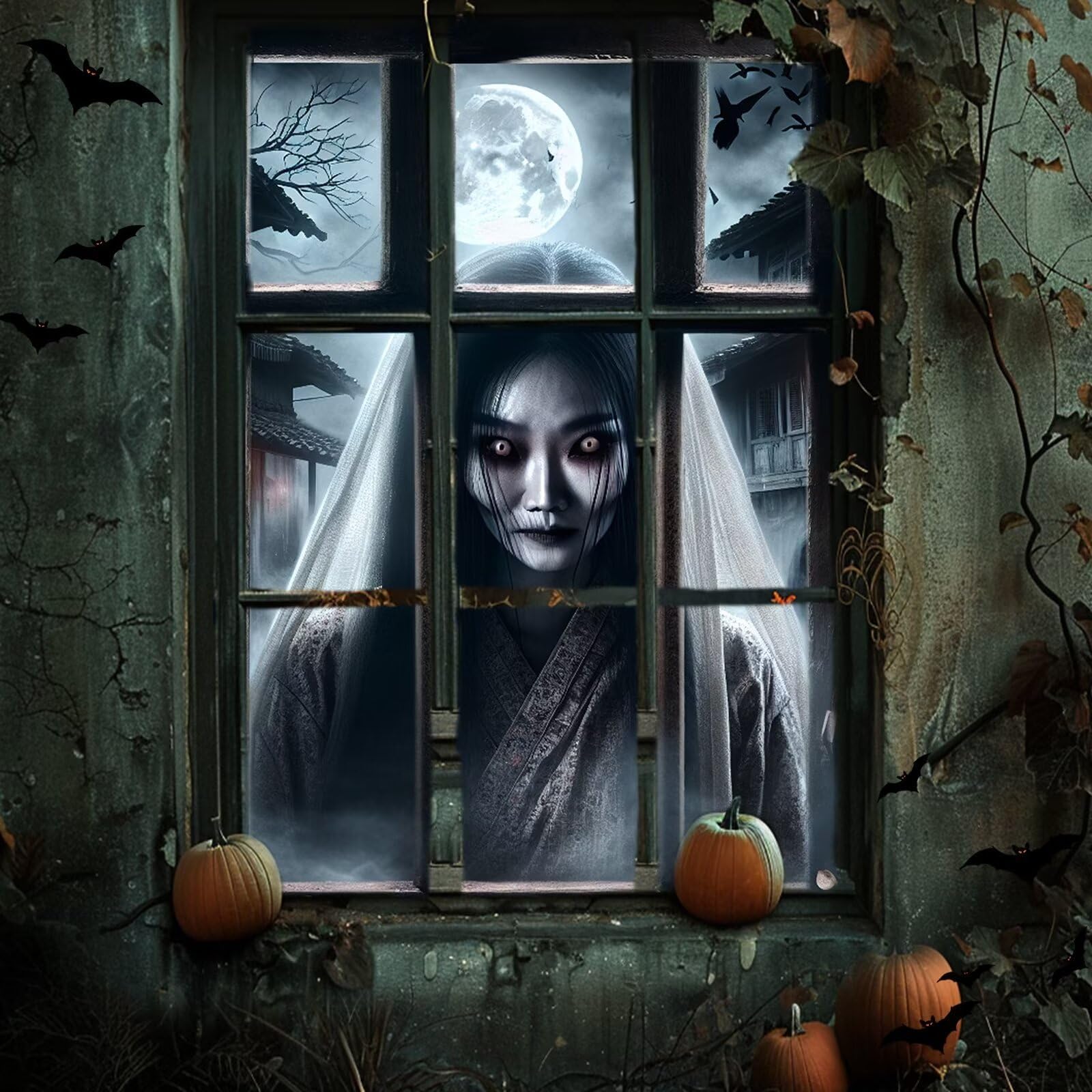 Amazon.com : Halloween Window Cover Decorations, Fabric Scary Female ...