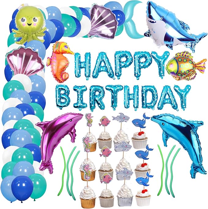 Amazon.com: Ocean Animals Birthday Party Decoration,Blue Sea Balloons ...