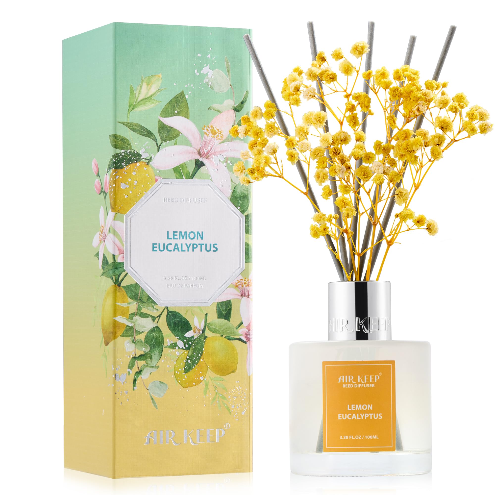Amazon.com: Airkeep Reed Diffuser Set,3.38 fl oz (100 ml) - Lemon Eucalyptus Oil Diffusers with ...