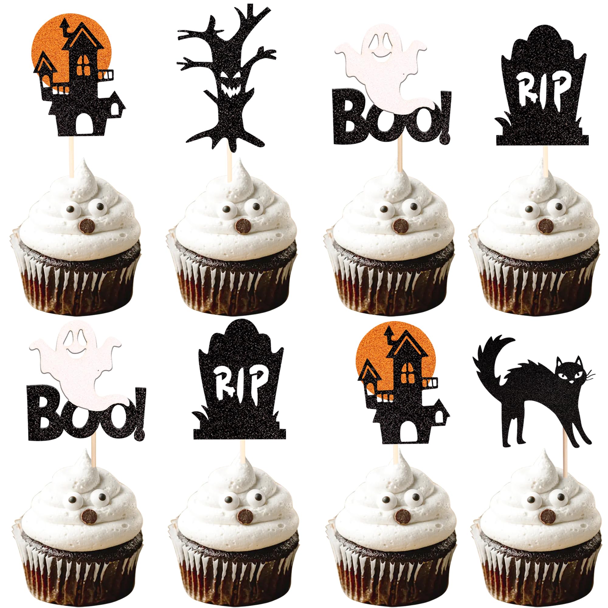 Snapklik.com : 30 PCS Halloween Cupcake Toppers Glitter Boo Ghost Tree ...