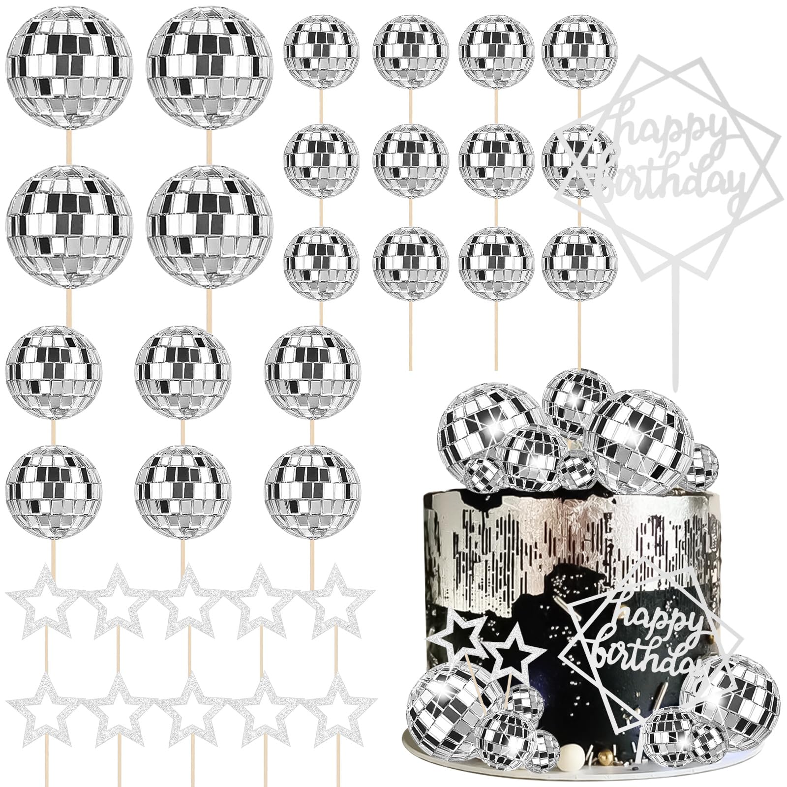 Disco Ball Party Favors 24 Pcs Disco Ball Cake Decorations Disco Ball ...