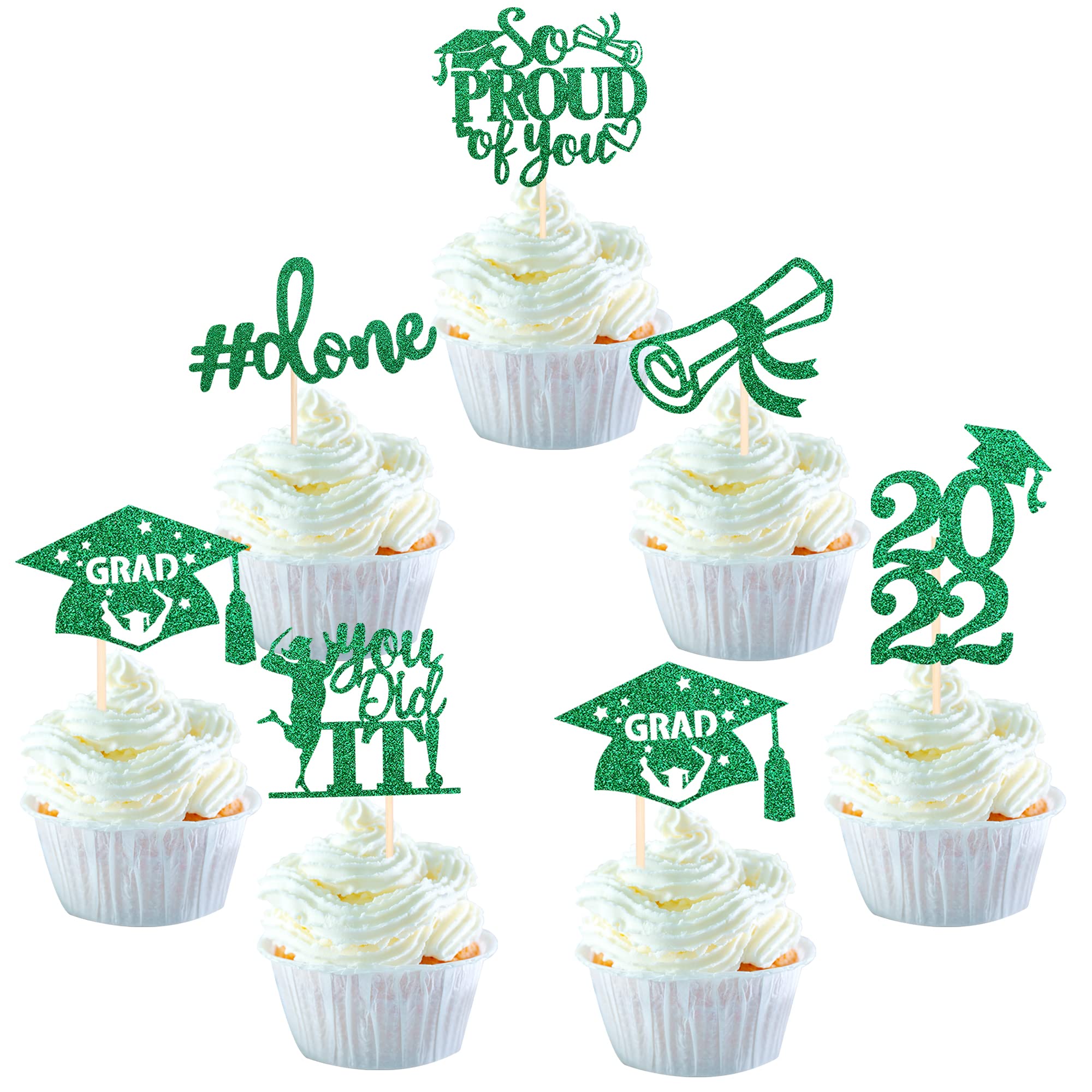 24 Pack Green 2022 Graduation Cupcake Toppers Glitter Class 2022 ...