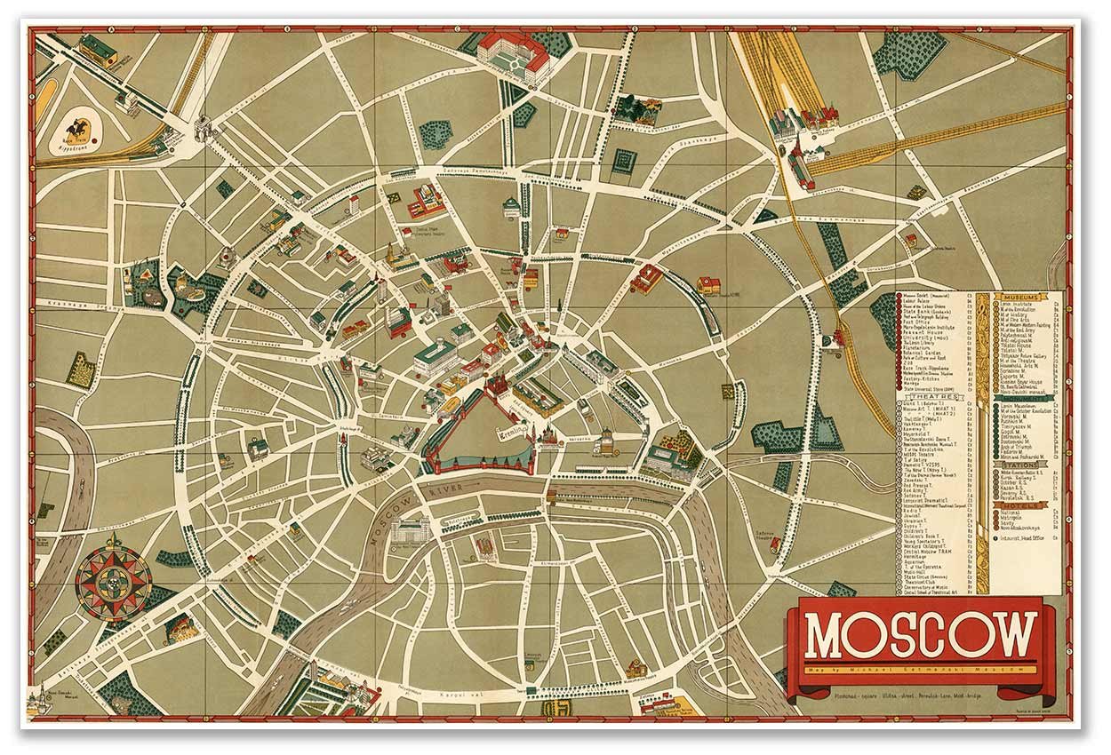 Antiguos Maps Pictorial Street Map Of Moscow Russia Circa 1938 ...