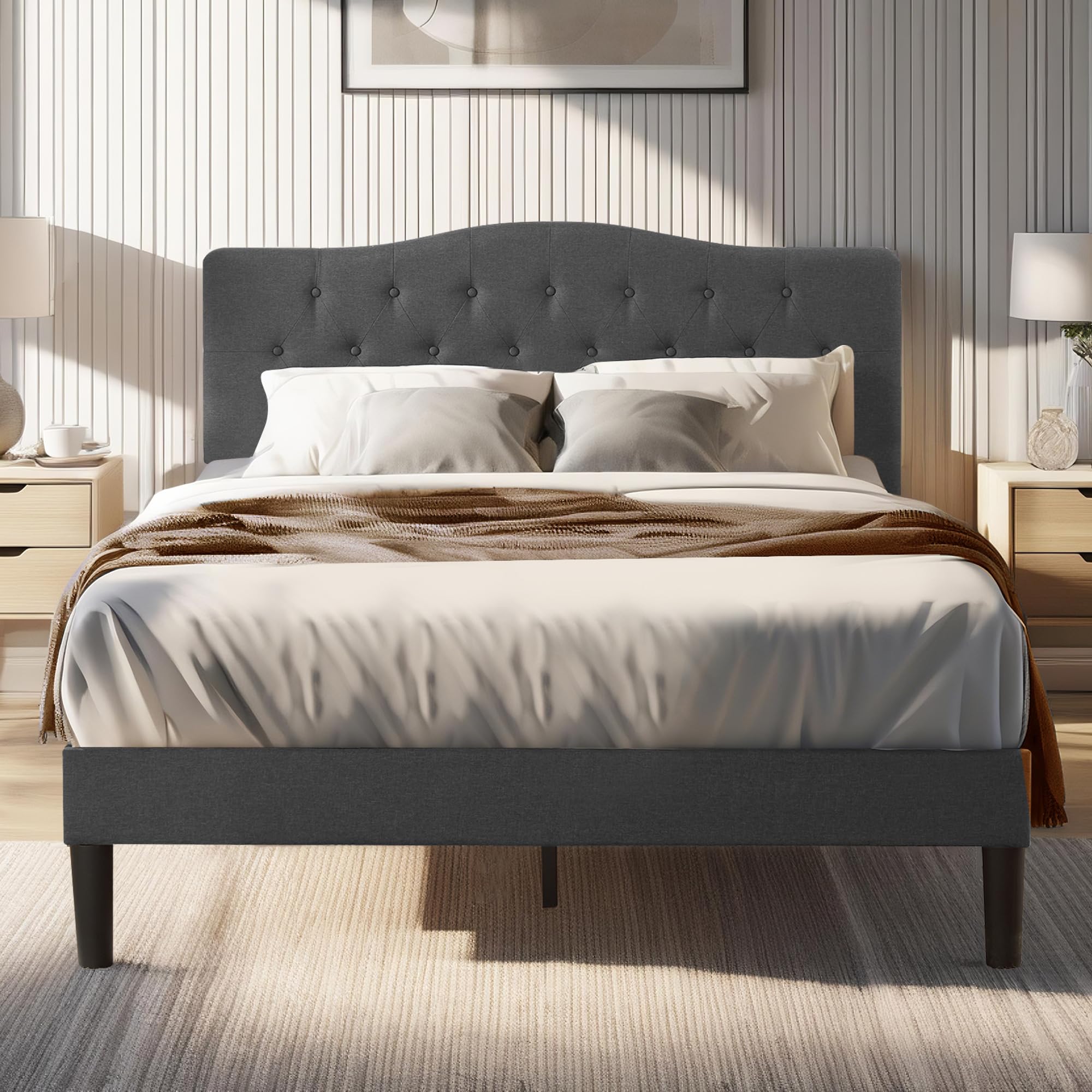 Amazon.com: VECELO Queen Size Bed Frame Upholstered Platform with ...