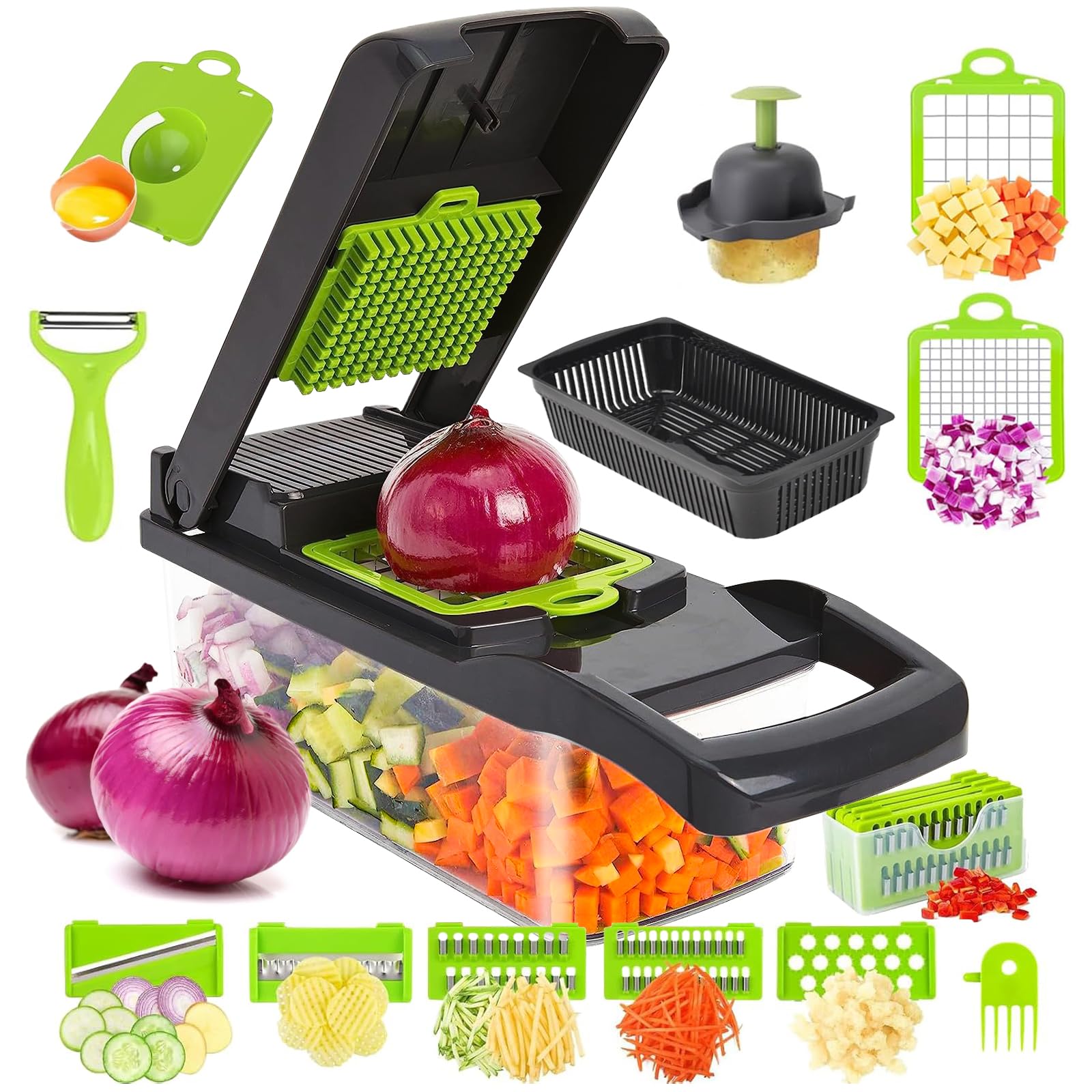 Vegetable Chopper w/Container, 16-in-1 Multifunctional Kitchen ...