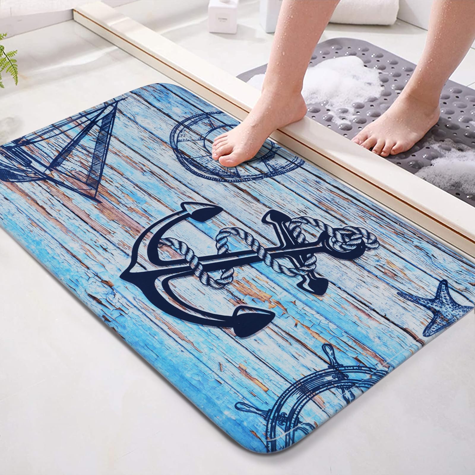 2 Pieces Bathroom Rugs Set, Soft Absorbent Anchor Bath Mat for Bathroom ...