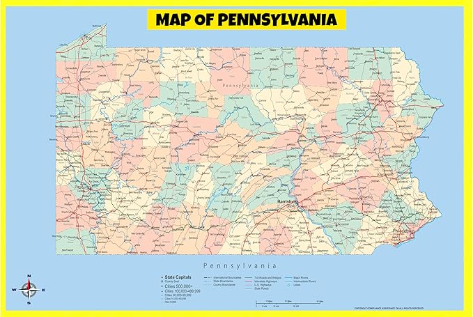 Amazon.com - Map Of Pennsylvania Style A - 18x24 - Laminated Wall Map ...