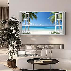Amazon.com: Yowfew Beach Window Wall Art,Window View Landscapeof Green ...