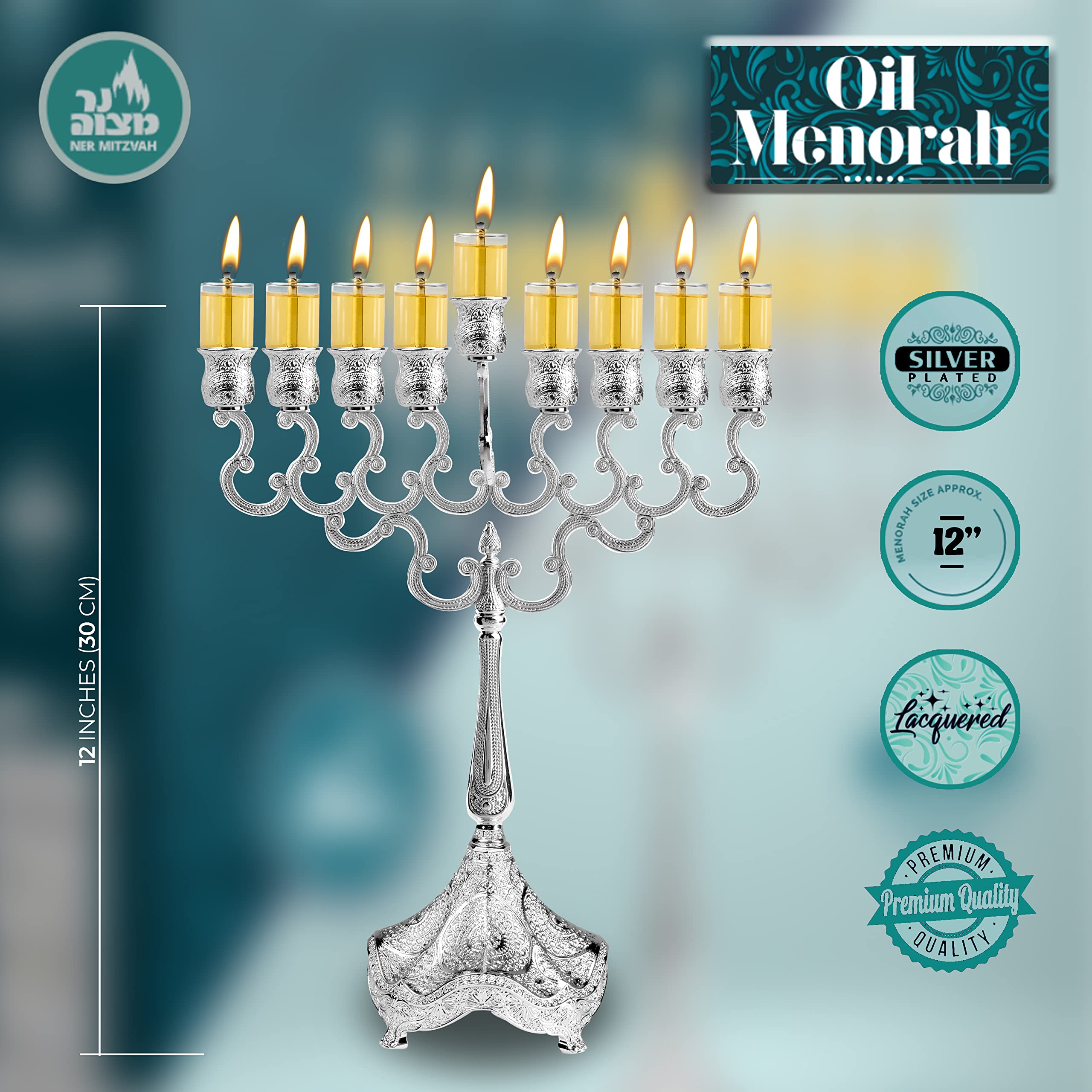 Hanukkah Menorah Silver Plated Oil Menorah - 12" High Chanukah Menorah ...