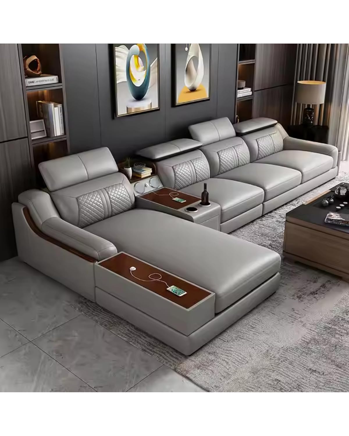 LUKRAIN Furniture L Shape Multi-Functional Modern Wooden Luxury Leather ...