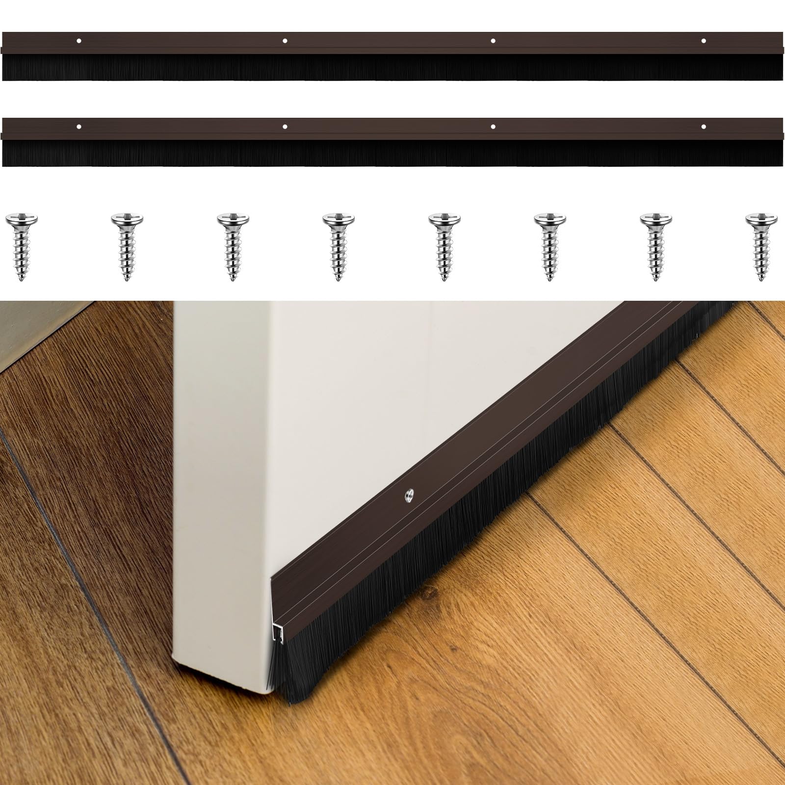 Gisafai 2 Pcs Brown Aluminum Door Sweep with Soft PP Brush 8 Screws 36 ...