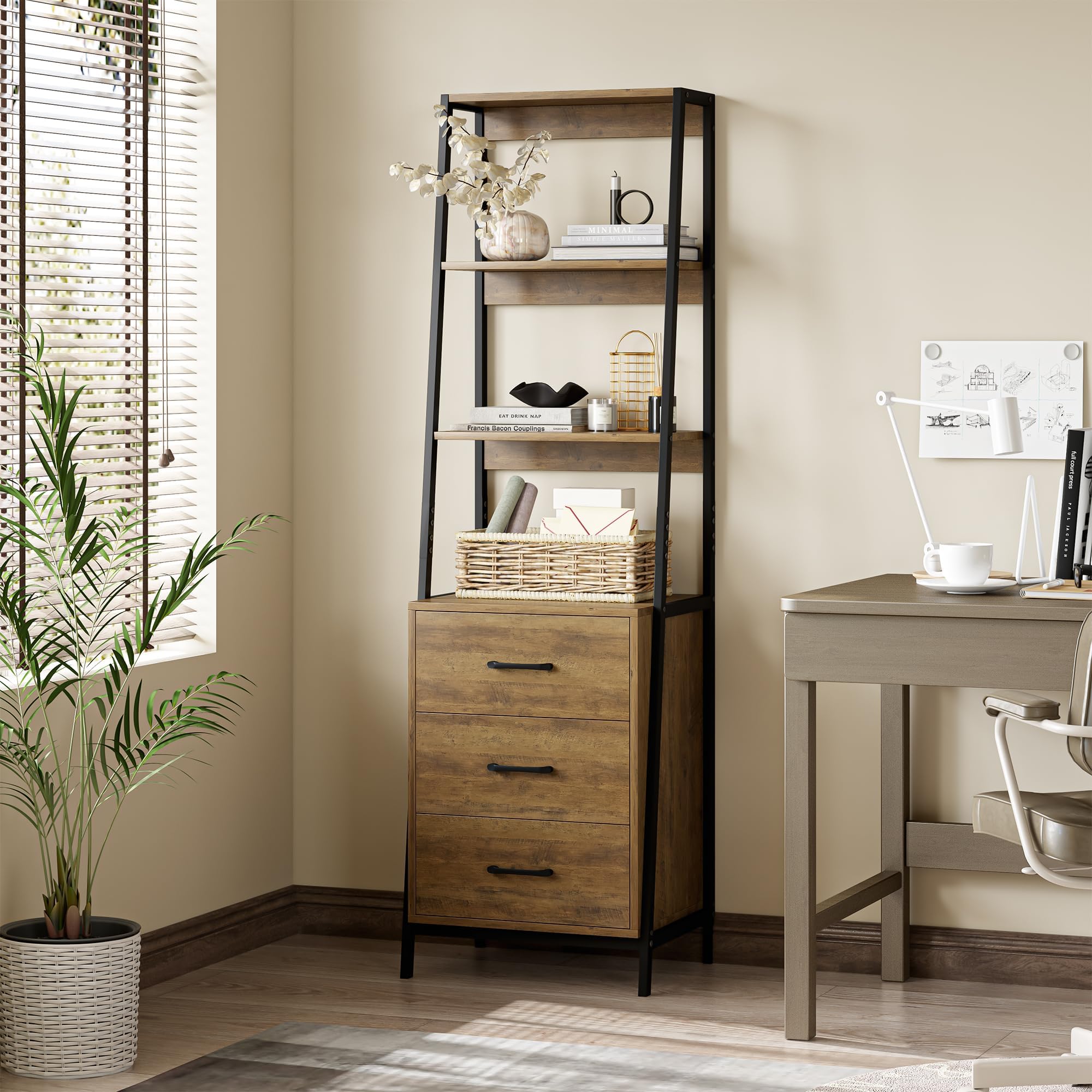 COSTWAY Ladder Bookshelf with Cabinet, 184cm Wall Mounted Bookcase with ...