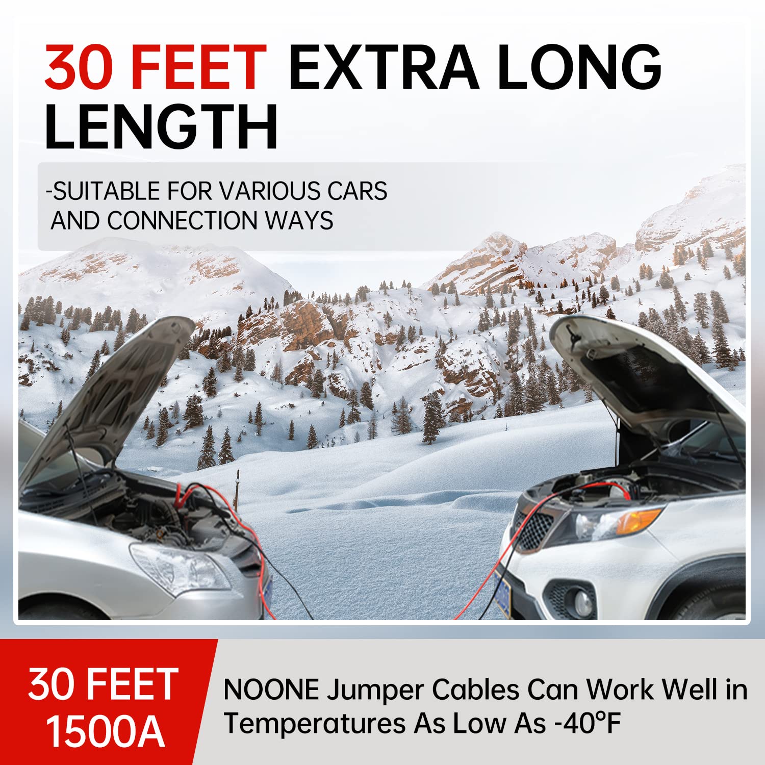 NOONE Booster Jumper Cables Heavy Duty 2/0 Gauge 30 FT 1500 AMP with ...