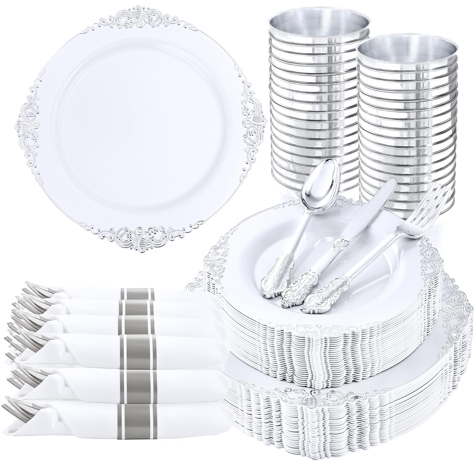 Amazon.com: Nervure 350PCS Silver Plastic Plates - Silver Plastic ...