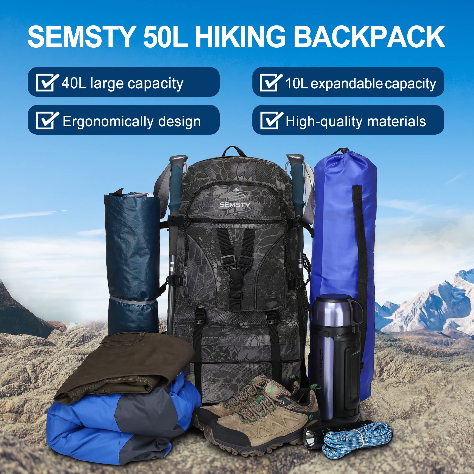 Snapklik.com : Hiking Backpack, 30L/40L/50L Expandable Hiking Backpack ...