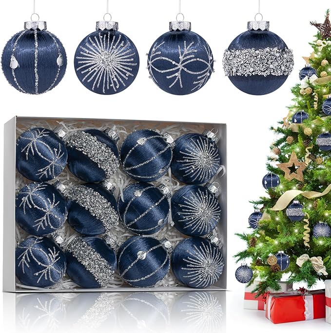Amazon.com: Navy Blue Satin Christmas Balls Silk Ornaments Ball -12 ...