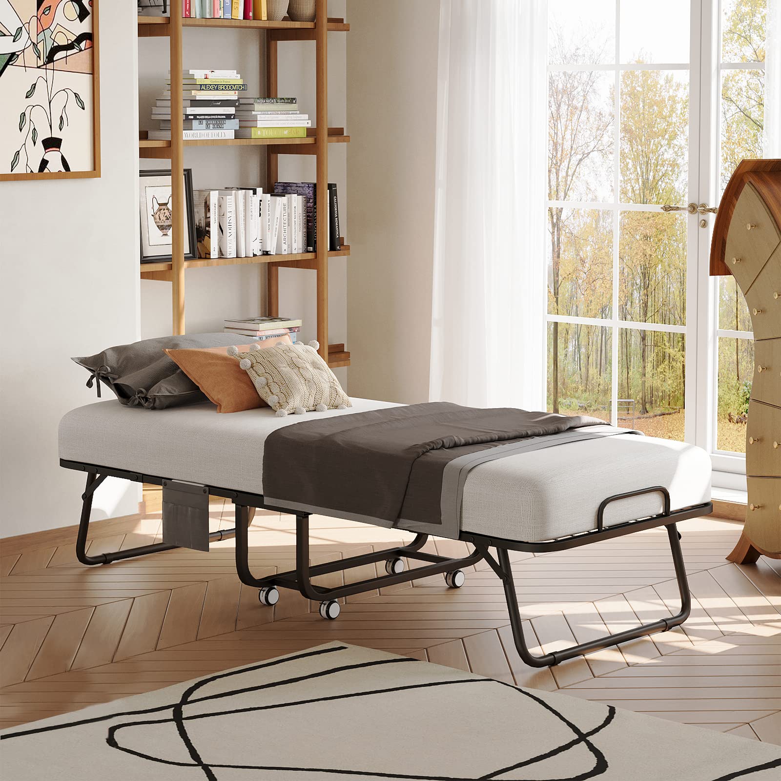 CAIYUN Folding Bed with Mattress, Portable Foldable Guest Bed with ...