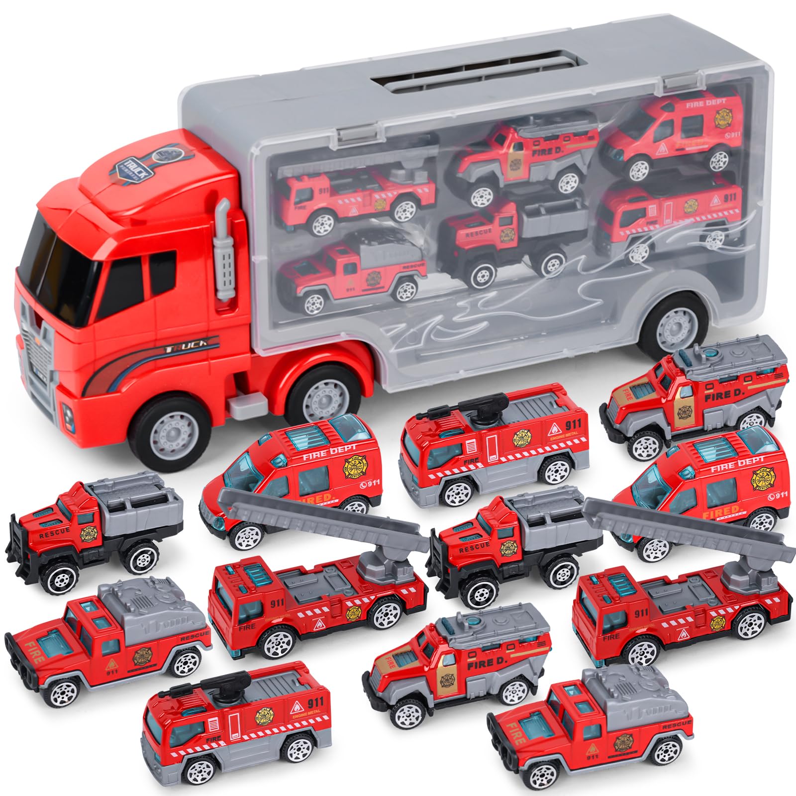 Amazon.com: AMOR PRESENT 21PCS Fire Truck Toy Set, Red Carrier Fire ...
