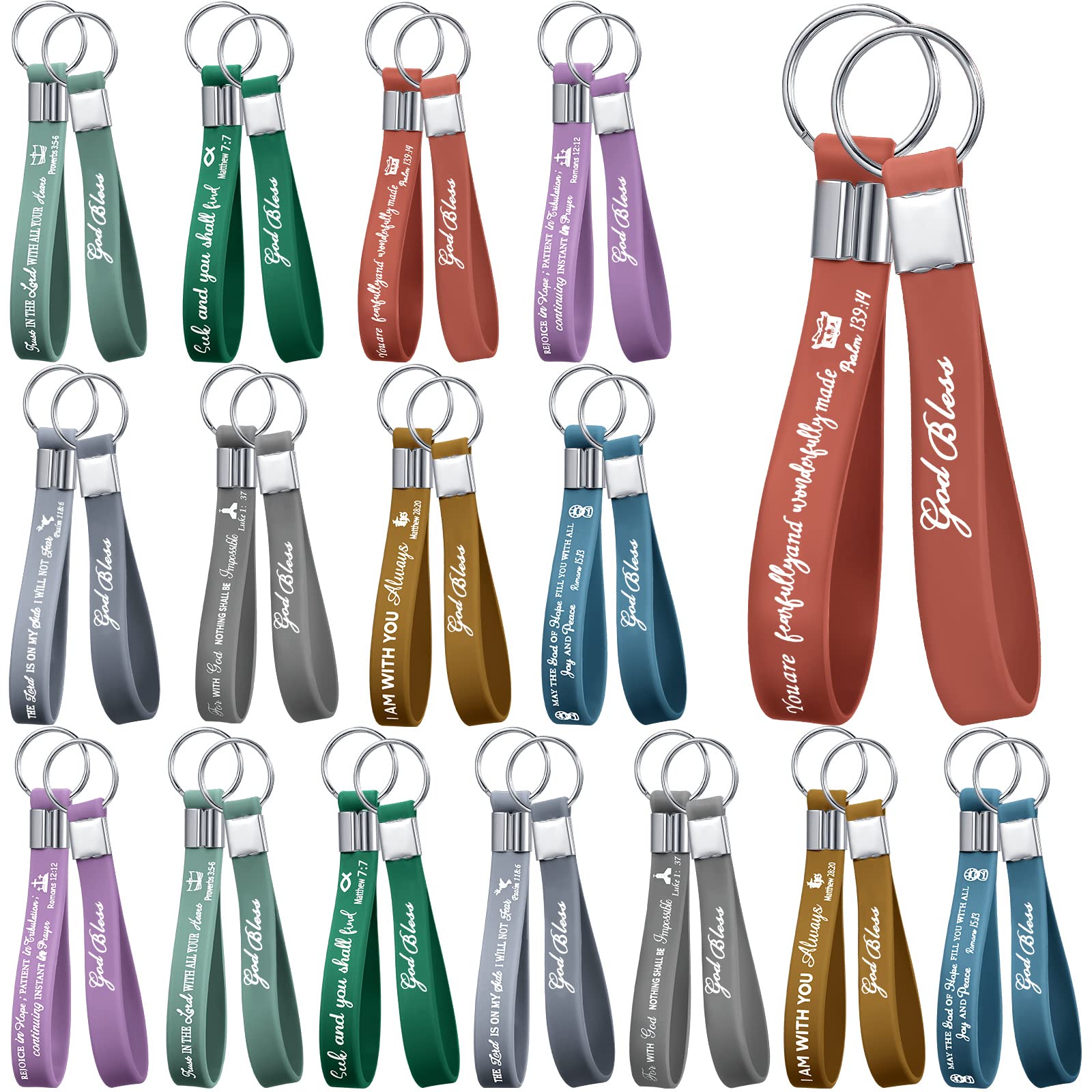 32 Pieces Christian Keychains Bulk Silicone Bible Verse Key Rings God ...