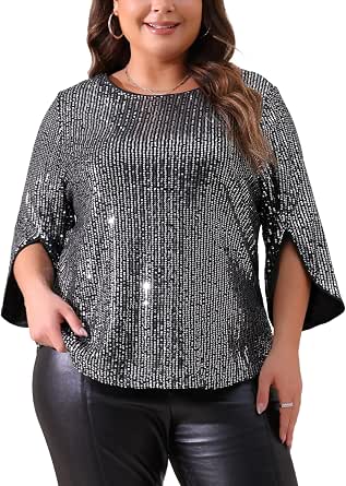 Agnes Orinda Plus Size Tops for Women 2025 Glitter 3/4 Slit Sleeve Crew ...