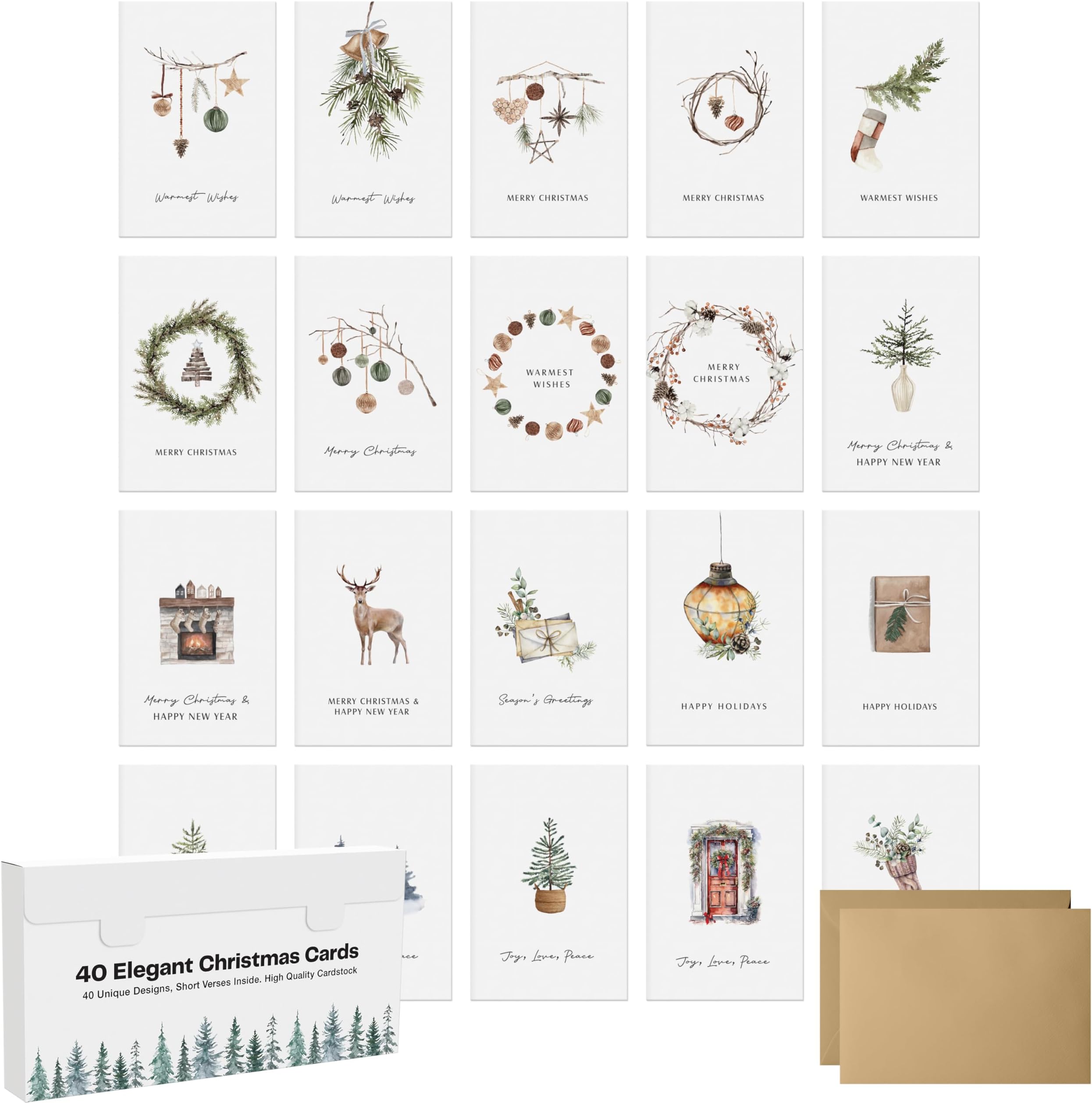 Amazon.com : Dessie 40 Rustic Christmas Cards Boxed Set, 4” x 6 ...
