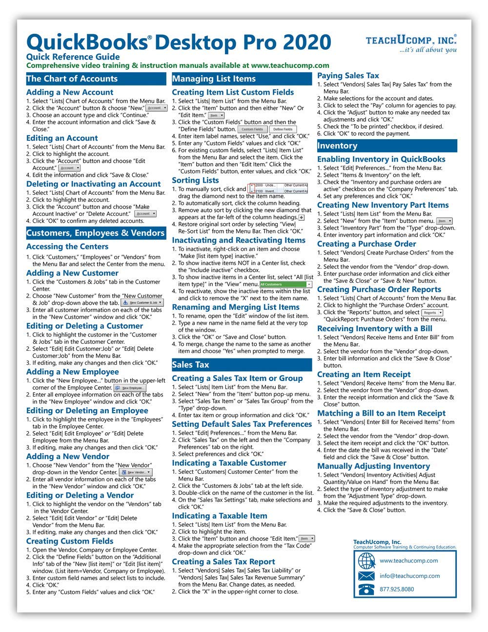 QuickBooks Desktop Pro 2020 Quick Reference Training Card - Laminated Tutorial Guide Cheat Sheet ...