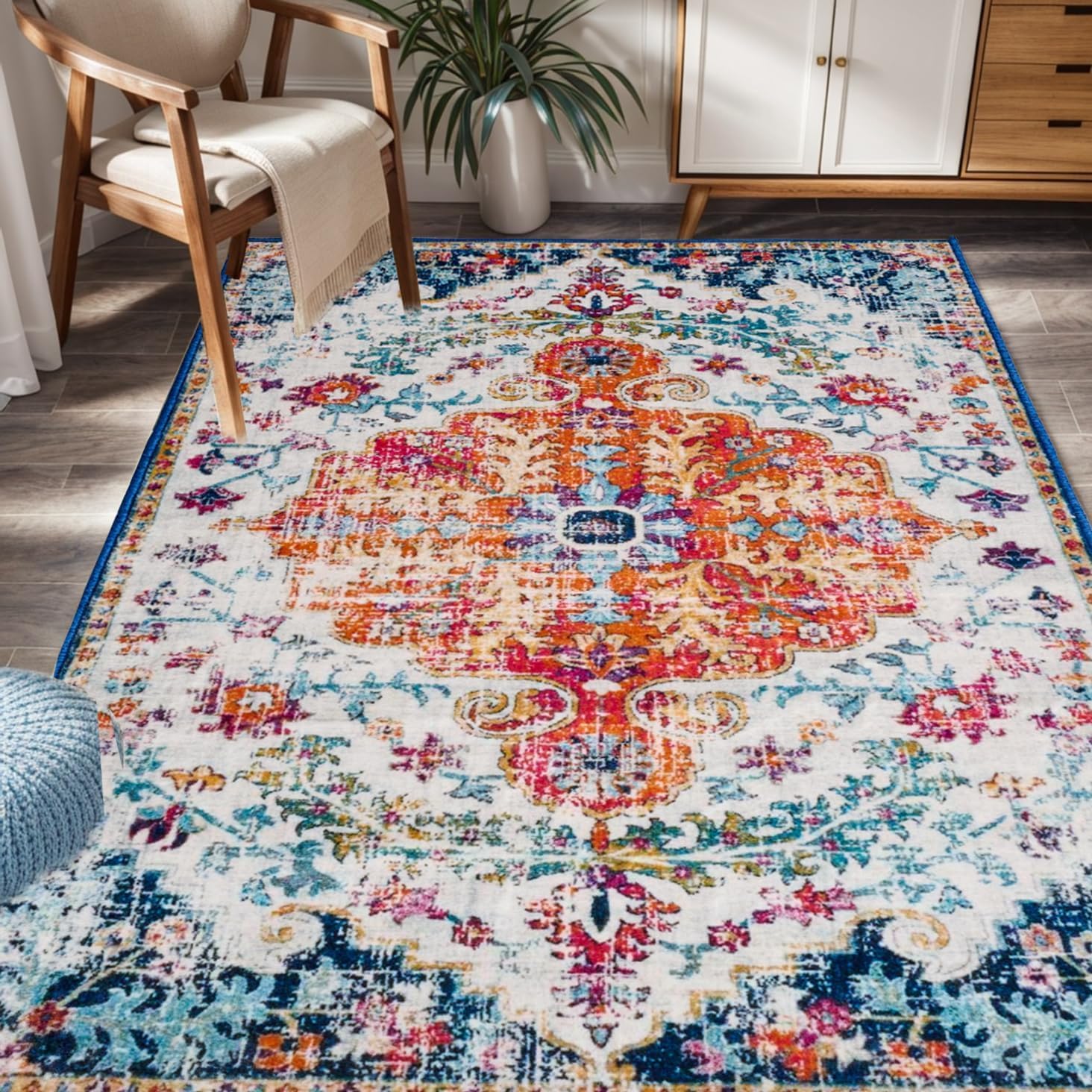 Bohemian Soft Area Rug - 4x6 Large Boho Vintage Bedroom Rug, Machine ...