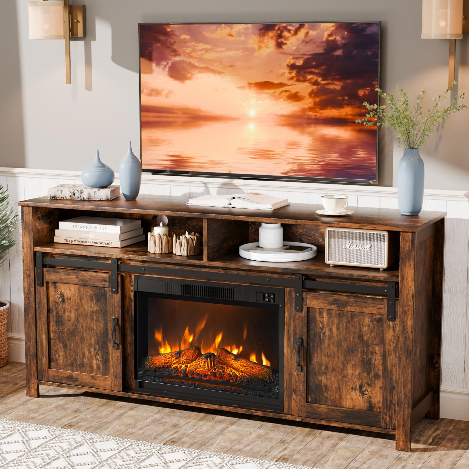 Amazon.com: VINGLI Fireplace TV Stand with Sliding Barn Door for 70 ...