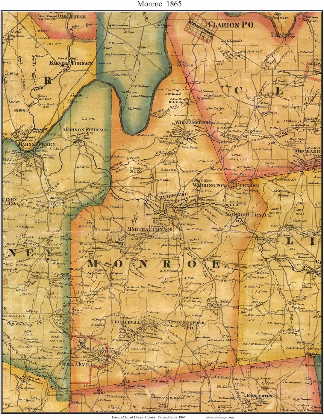 Monroe Township 1865 Old Town Map with Homeowner Names - Pennsylvania ...