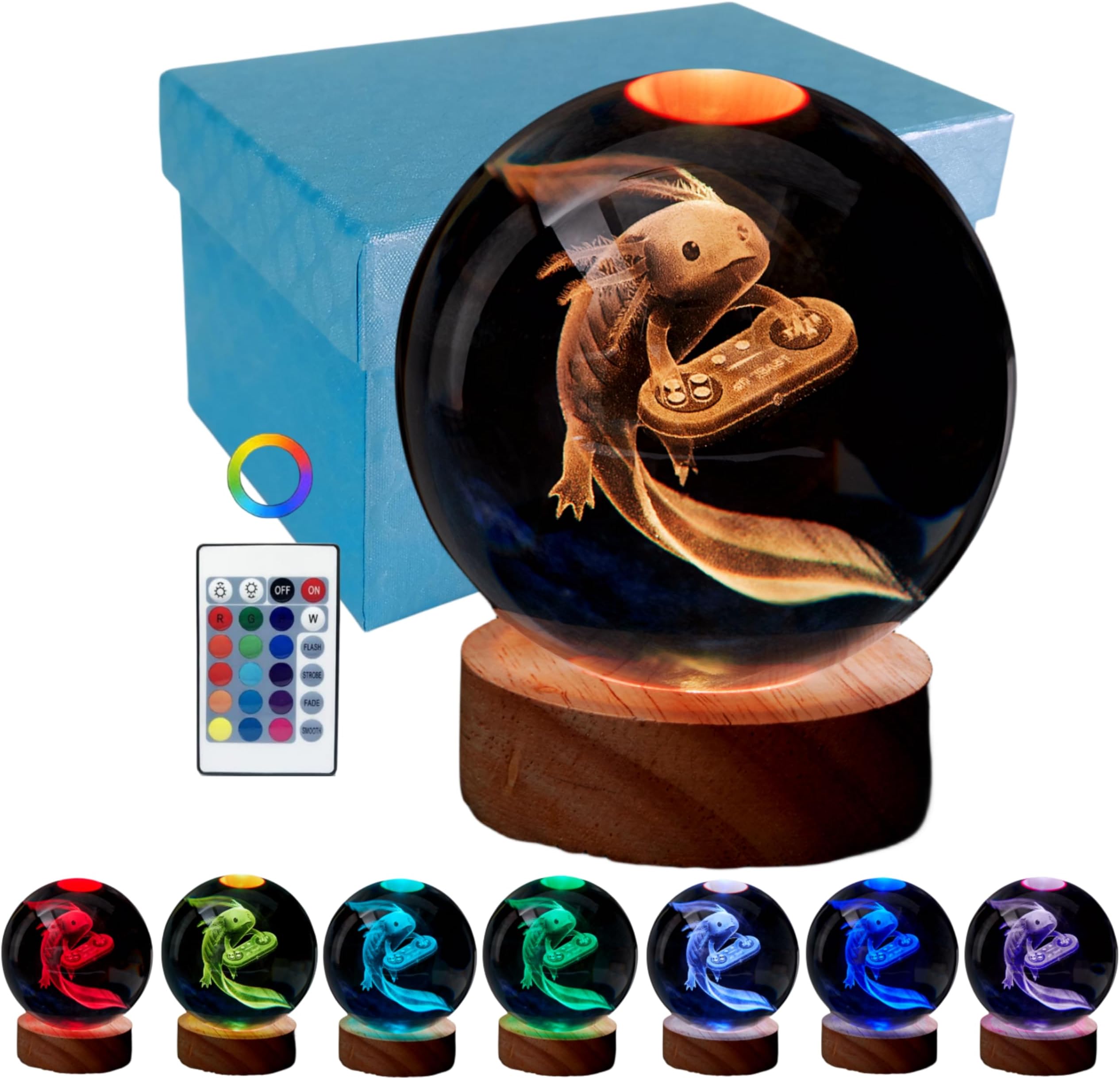 LQYHZCZQ 3D Axolotl Crystal Ball Night Light with 16 Color LED Wooden ...