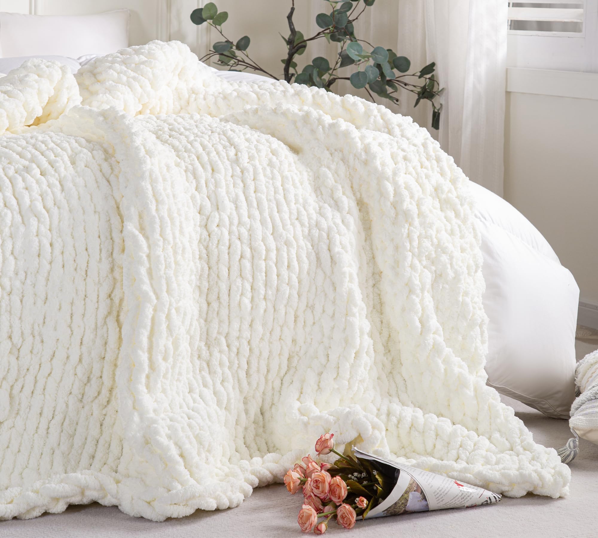Amazon.com: BIRCHIO Beige Extra Soft Chunky Knit Blanket Throw, 100% ...