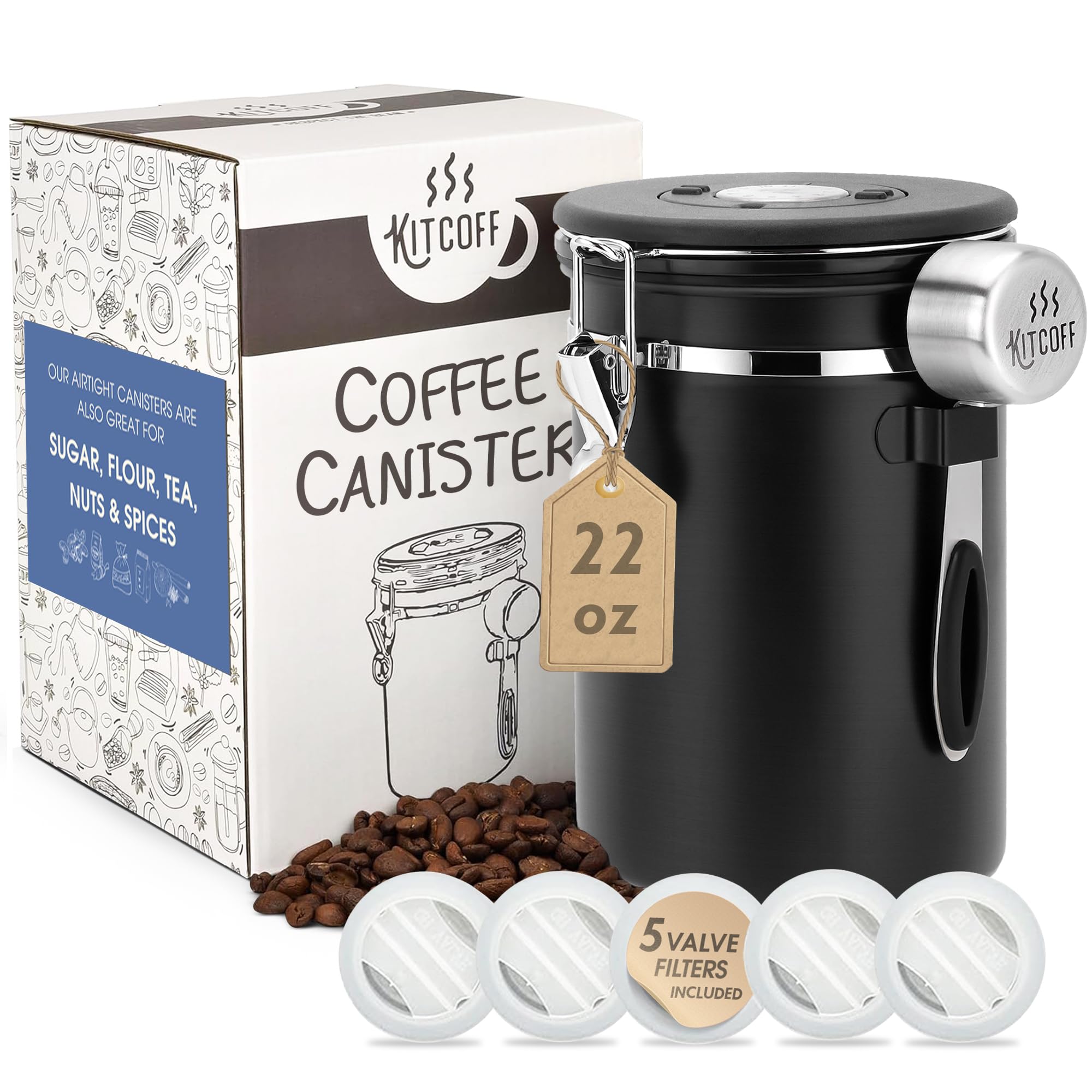 Kitcoff Coffee Grounds and Beans Container Canister with Date Tracker ...