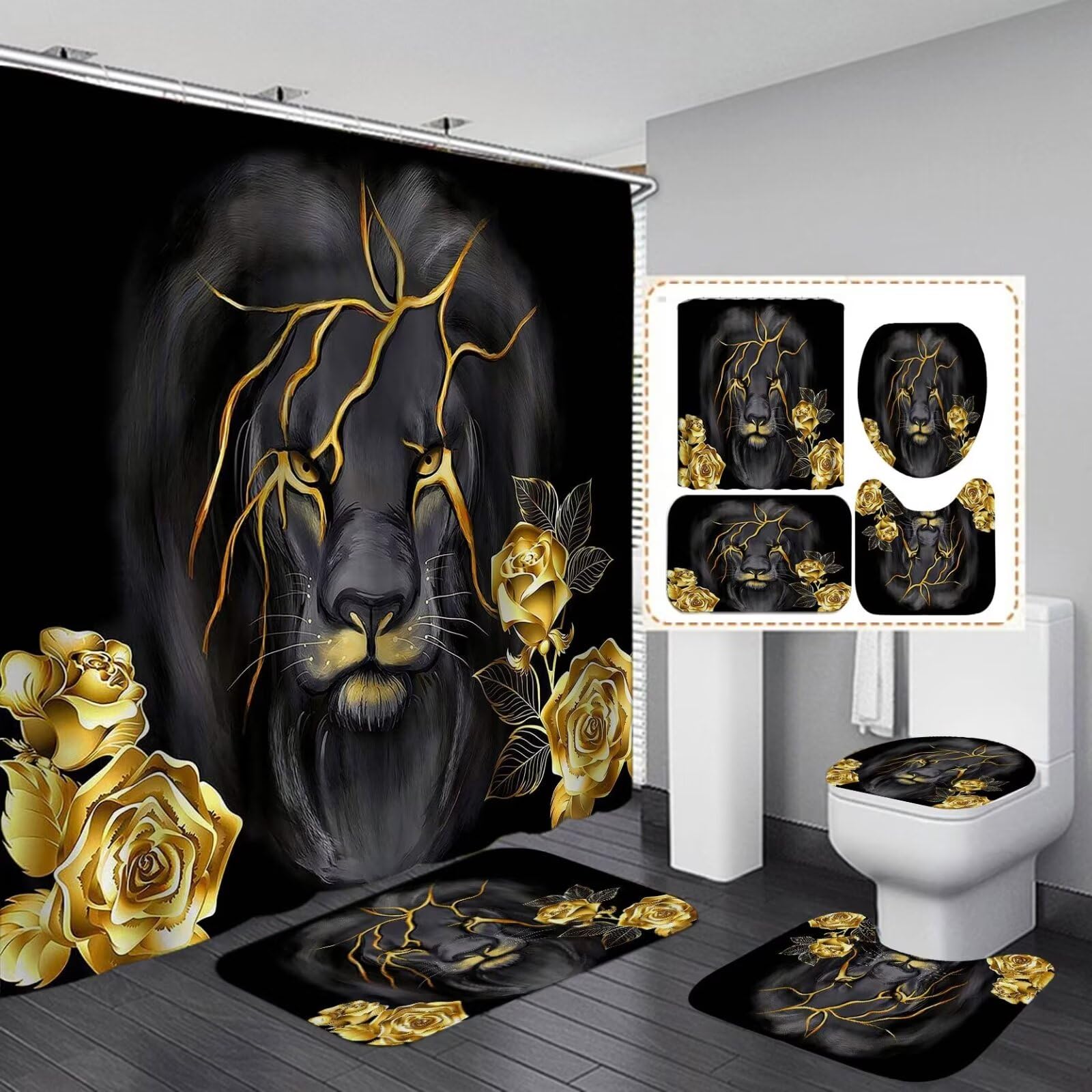 Amazon.com: 4 PCS Gold Rose and Lion Bathroom Set with Shower Curtain ...