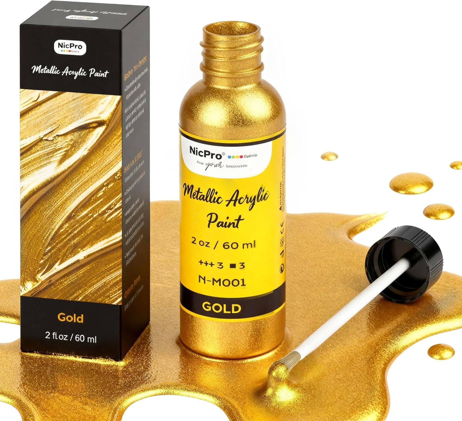 Nicpro Gold Leaf Paint - 2oz/60ml Metallic Gold Acrylic Paint, Water ...