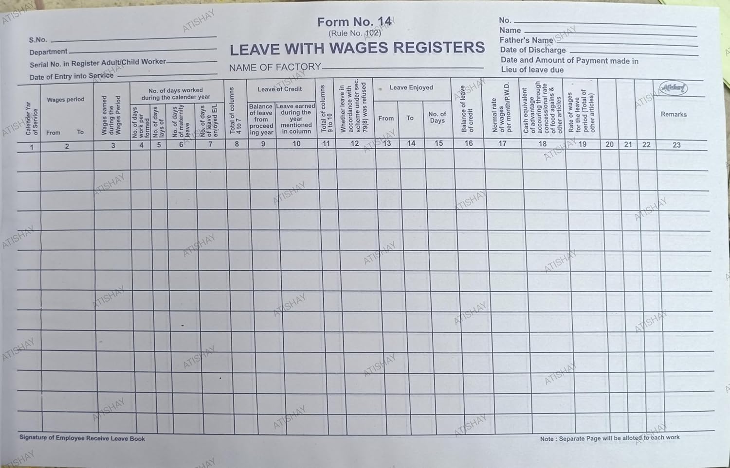 ATISHAY Form 14 (Rule No. 102) Leave with Wages Register (32cm*20cm) Pack of 1 (300 Sheet ...