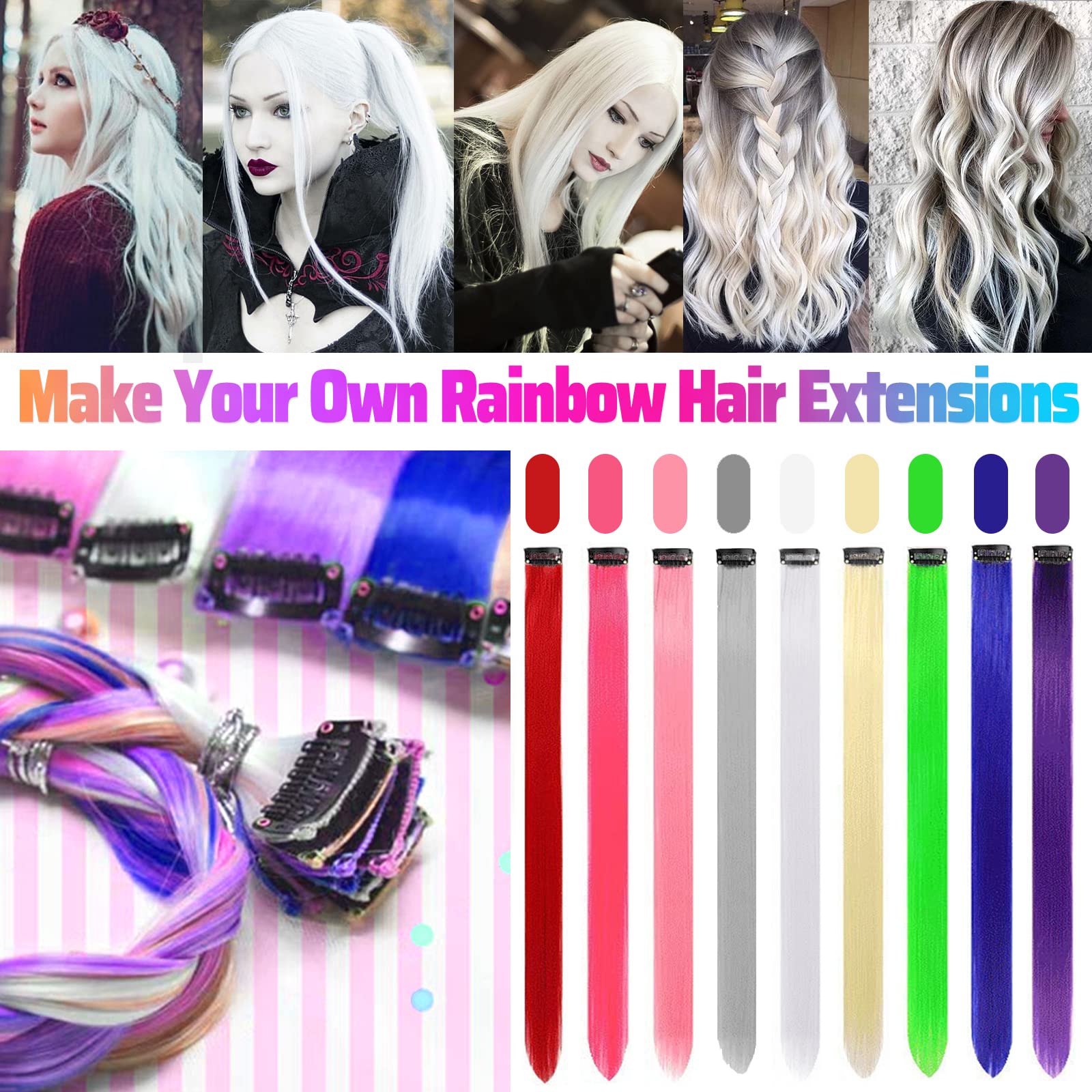 Snapklik.com : 12 PCS White Hair Extensions Clip In, Colored Party ...