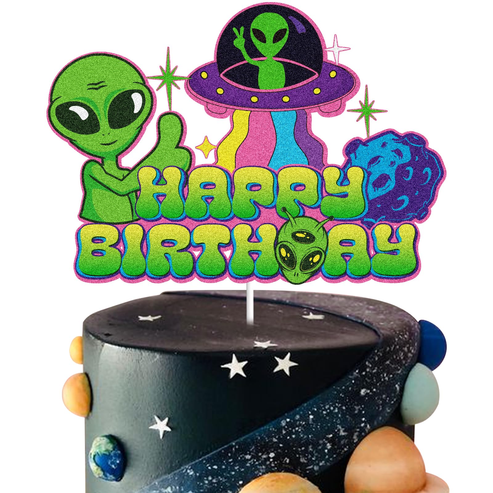 Amazon.com: Alien Happy Birthday Cake Topper Green Glitter ET UFO ...
