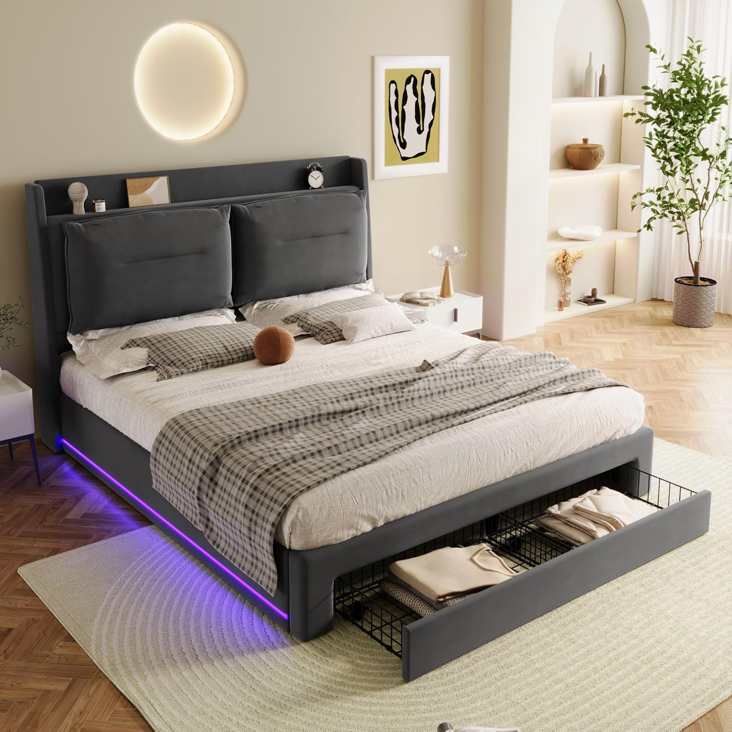 HAINEW 4ft6 Upholstered Double Bed, Velvet Hydraulic Bed with Recessed ...