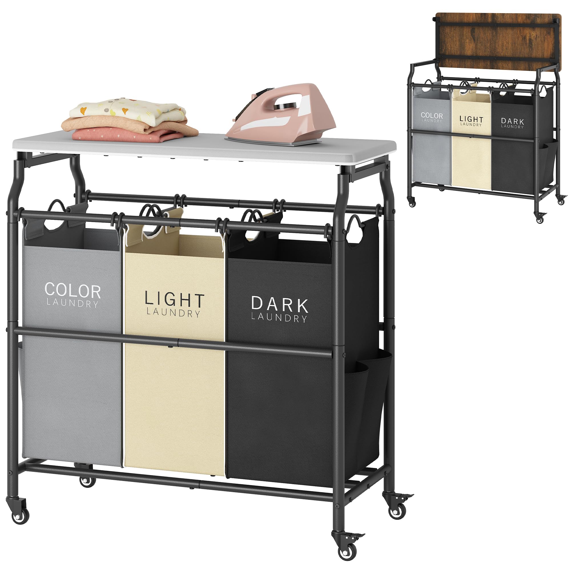 Amazon.com: Hoctieon 3 Section Laundry Sorter Cart with Ironing Board ...