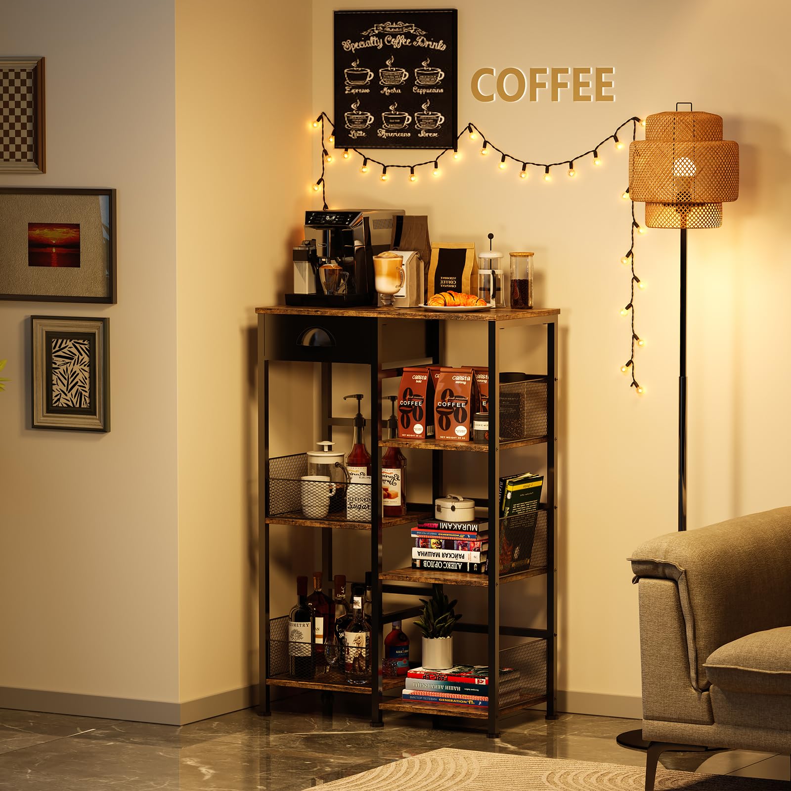 X-cosrack Farmhouse Coffee Bar with Storage, 5-Layer Staggered Coffee ...