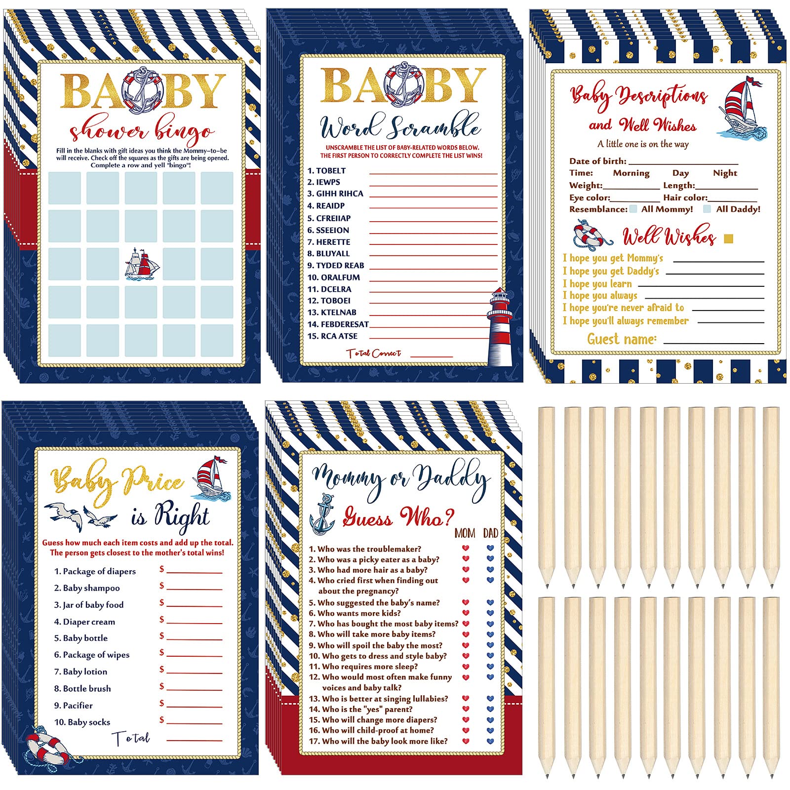 Tatuo 145 Pieces Nautical Baby Shower Games with 5 Games Set and 20 ...