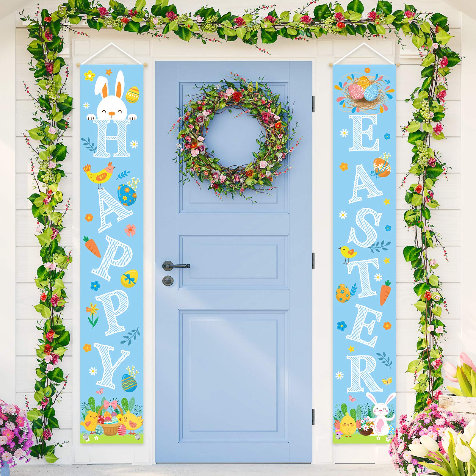 Amazon.com: Whaline Easter Porch Sign Happy Easter Hanging Banners ...