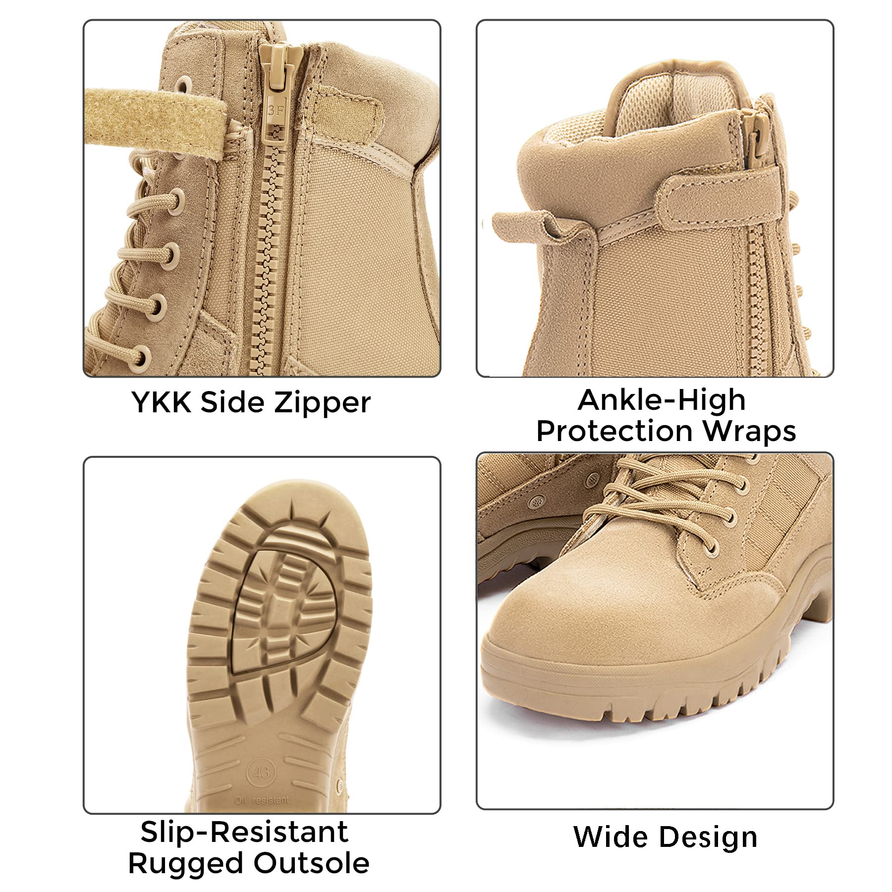 WIDEWAY Men's 8 Inches Military Tactical Work Boots Side Zipper Leather ...