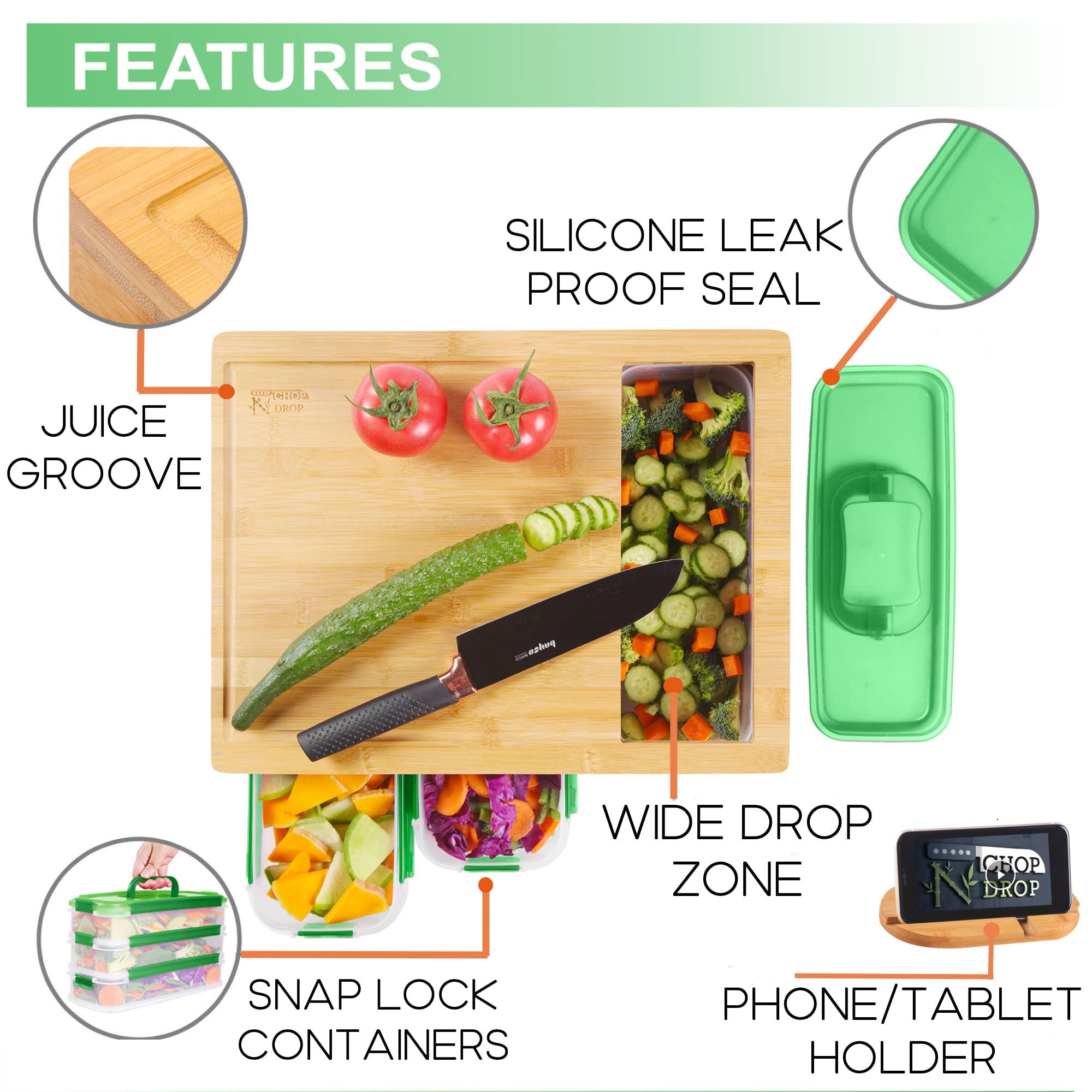 Bamboo Cutting Board With Containers And Locking Lid. Includes Built-in ...