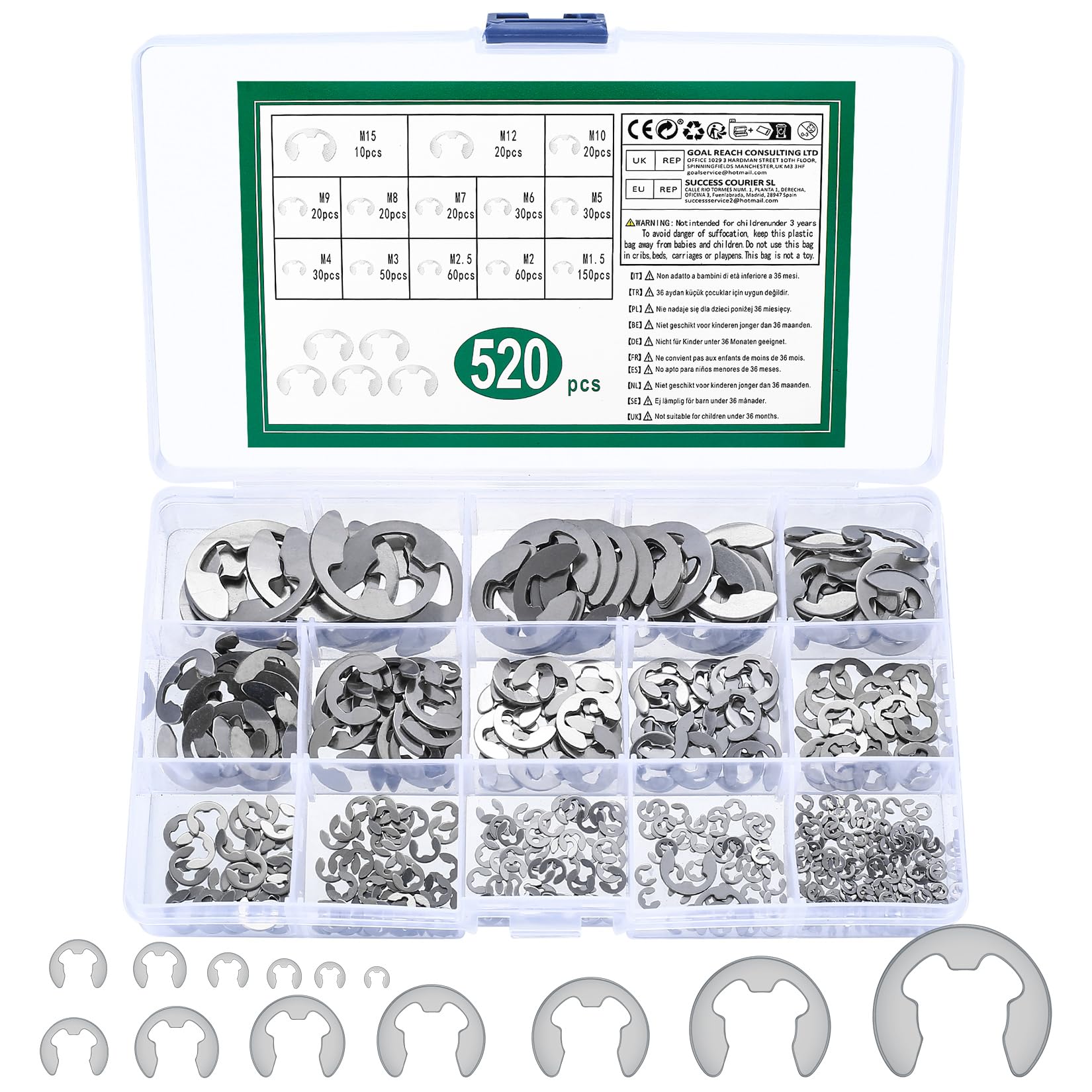 520 Pcs E-Clips Assortment Set, Circlips Assorted Sizes, E-Clip ...